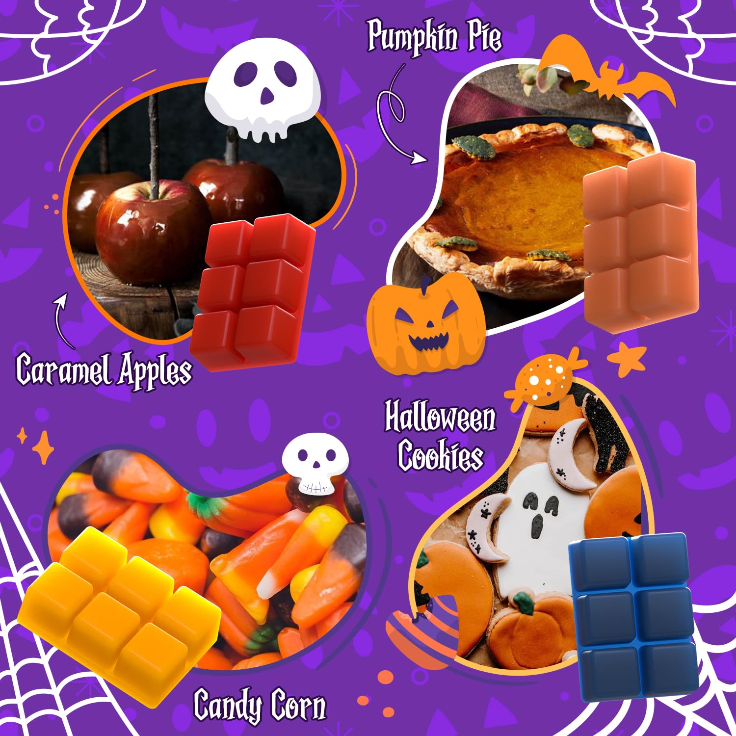 SoulOrigin Halloween Scented Wax Melts, Scented Soy Wax Cubes Set for Caramel Apples, Pumpkin Pie, Candy Corn, Halloween Cookies, Chocolate Bars, Popcorn Balls, Caramel Corn, Halloween Gummy Candies