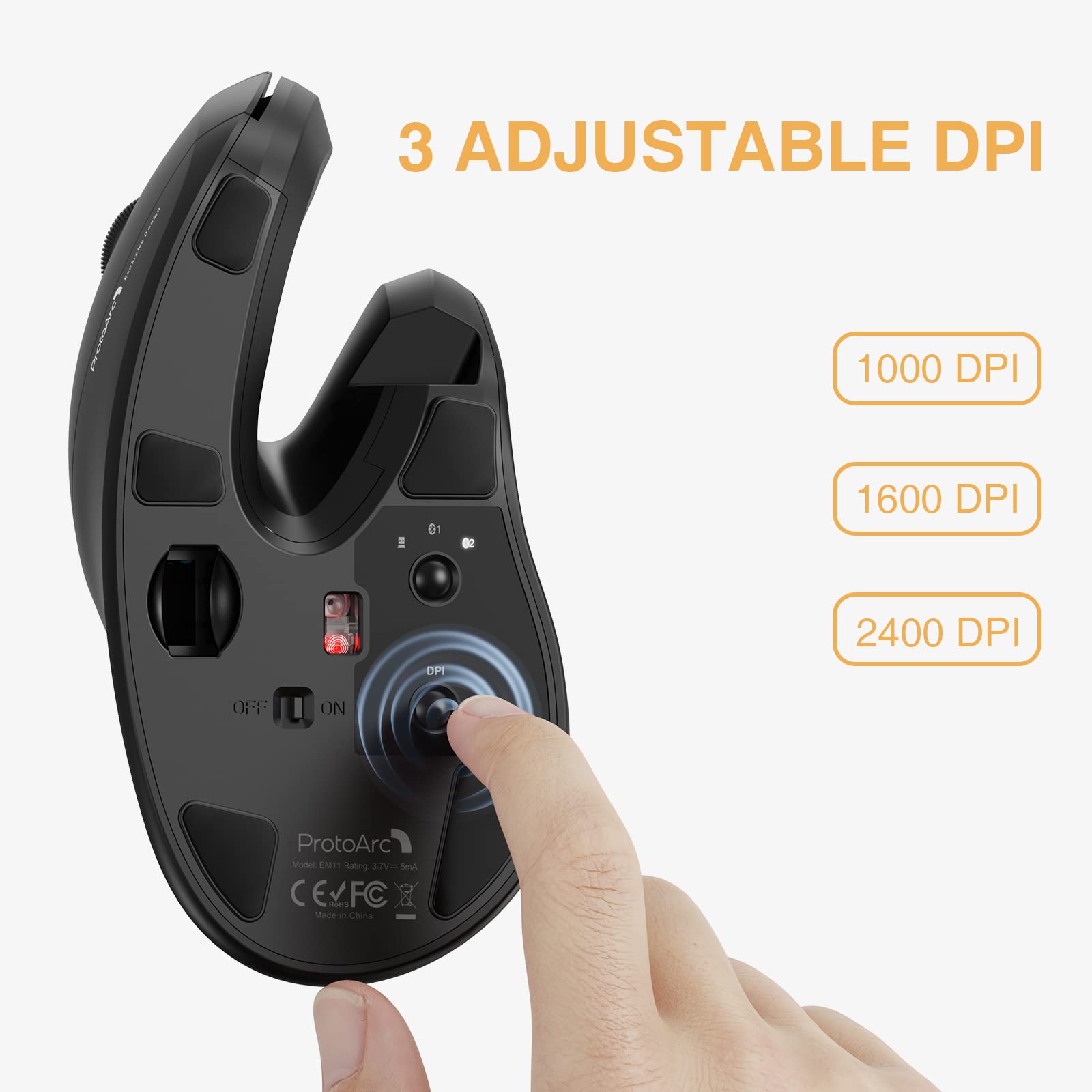 ProtoArc Ergonomic Mouse Wireless, EM11 Bluetooth Vertical Ergo Mouse, Rechargeable, 2.4G RGB Optical Vertical Mice with 3 Adjustable DPI, 3-Device Connection for PC, iPad, Mac, Windows (Black)