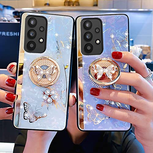 Topwin Kickstand Case, Cute Marble Conch Shell Floral Butterfly with Ring Stand Elegant Shockproof Protective Cover for Girls Women for Samsung Galaxy S22 Plus (Rose Gold)