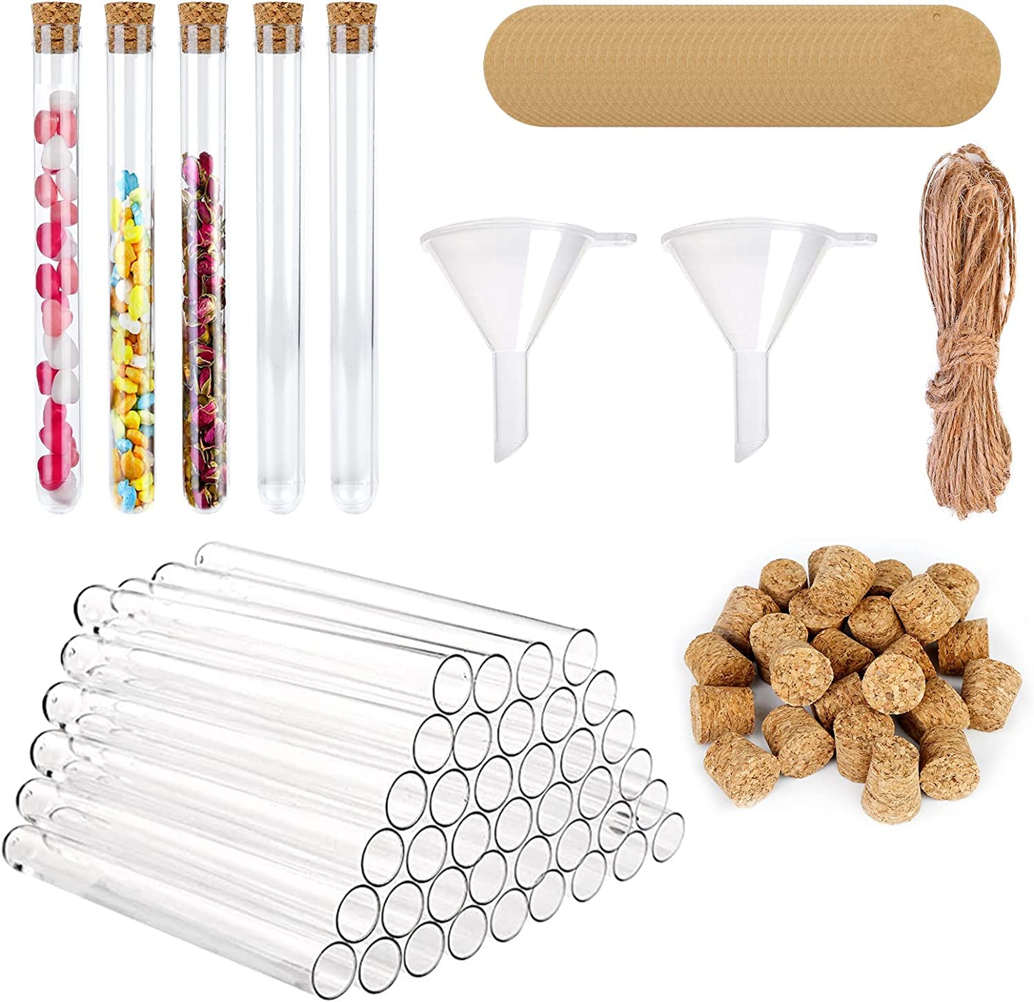 Plastic Test Tubes with Cork Stoppers: 40 Pcs 20ml Test Tubes, Plastic Test Tubes with Cork + Kraft Paper Labels + Twine + Funnels, Plastic Tubes for Scientific Tests, Candy, Bath Salt (150x16mm)