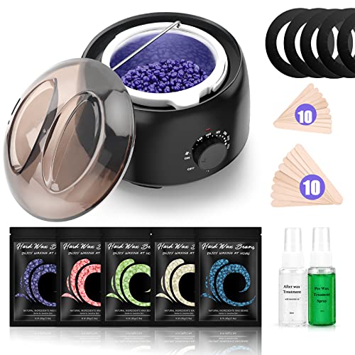 Waxing Kit - TIKESI Wax Warmer for Hair Removal, Hard Wax Kit with 14.1oz 5 Bags Hard Wax Beans for Full Body, Legs, Face, Eyebrows, Bikini, Brazilian Waxing Kit for Women Men