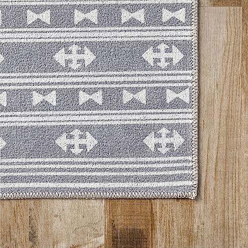 nuLOOM Joelle Machine Washable Tribal Geometric Border Ultra Thin Area Rug, 8' x 10', Light Grey