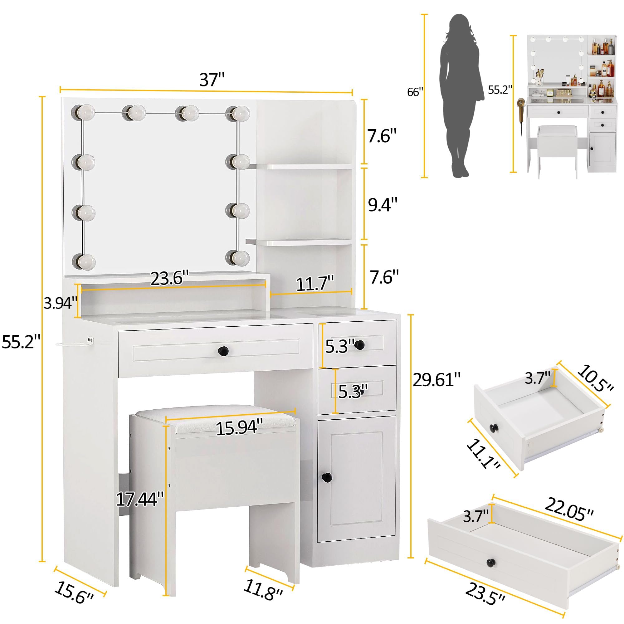 Spurgehom Makeup Vanity Desk with Mirror and Lights White Vanity Set with Drawers and Stool 37" Glass Top Dressing Table Shelves and Storage Cabinet 3 Lighting Modes Brightness Adjustable for Bedroom