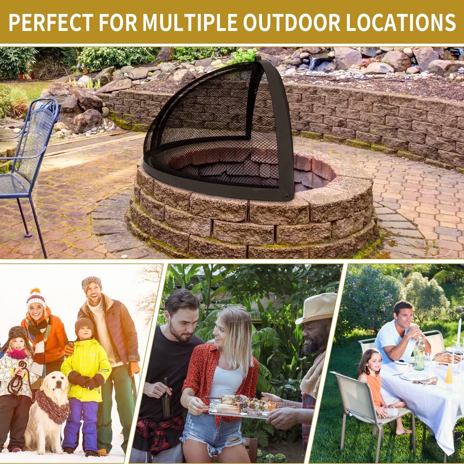 Outdoor Fire Pit Spark Screen Cover Accessory, 36In Patio Round Easy-Opening Fire Mesh Screen Guard, Heavy Duty Steel Firepit Ember Lid with Hinge