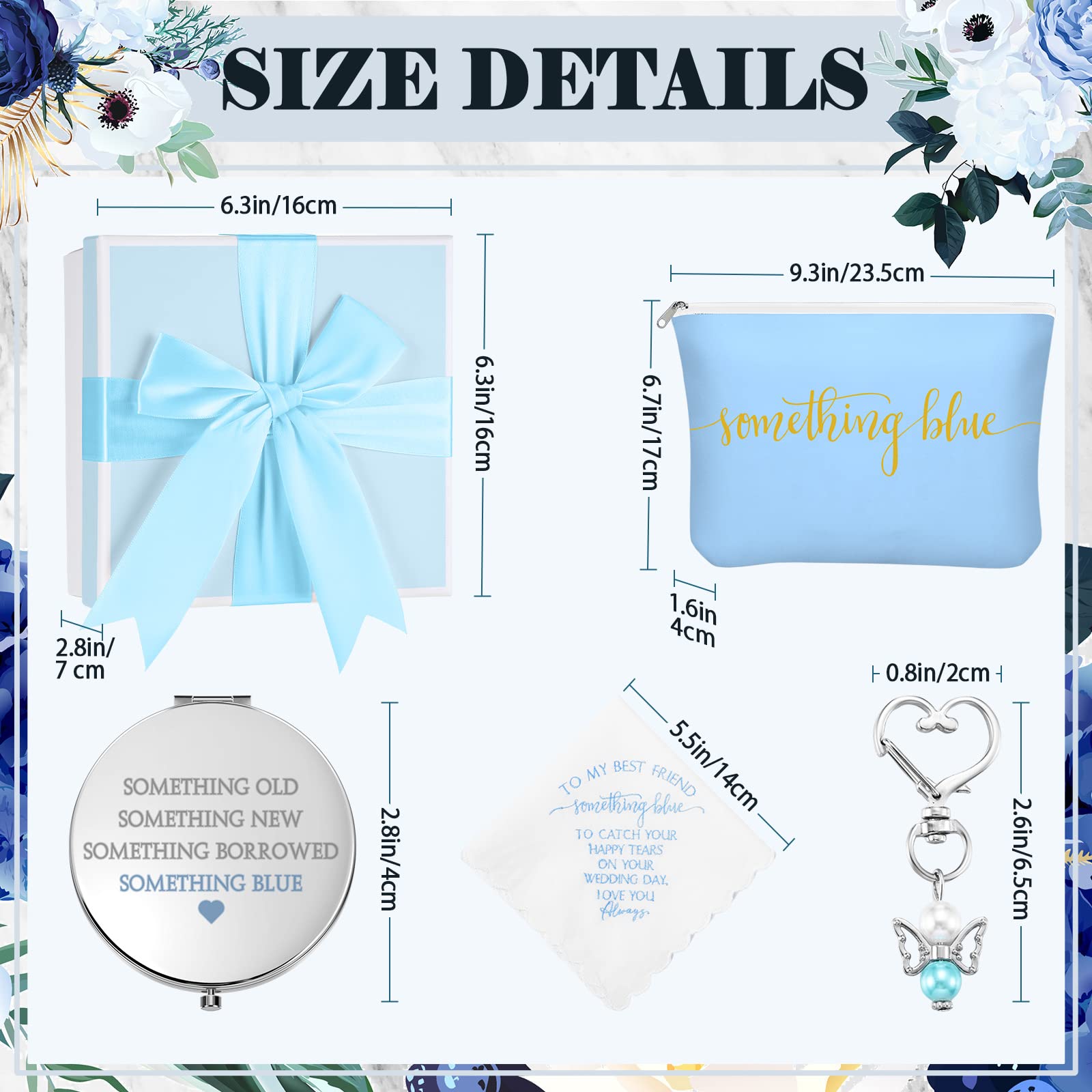 Set of 5 Something Blue Wedding Gift for Bride to My Best Friend Wedding Embroidered Handkerchief Angel Bouquet Charm Something Blue Bridal Cosmetic Bag Diamond Compact Mirror Blue Raffia Gift Box