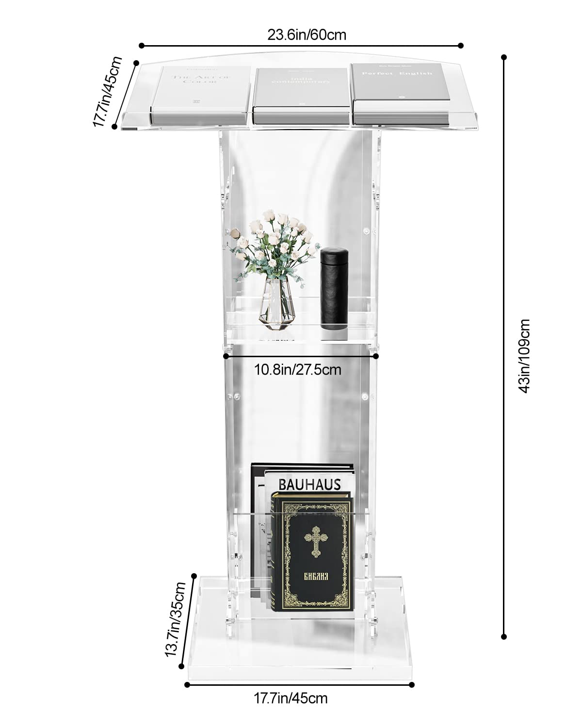 KSacry Acrylic Clear Podium Stand with Storage Shelf,Plexiglass Pulpits for Churches,Conference,Speeches,Weddings,Classroom,Professional Presentation Podiums (23.6" L X 17.7" W X 43" H, Transparent)