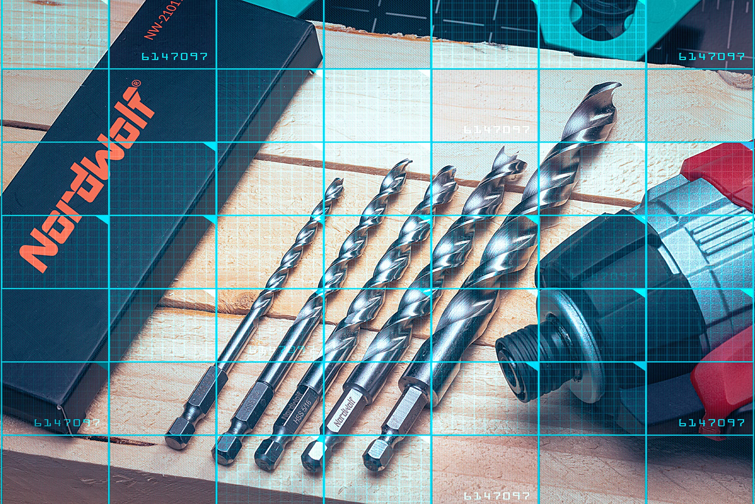 NordWolf 5-Piece HSS Brad Point Wood Drill Bit Set with 1/4" Hex Shank for Carpenter Woodworking, SAE Sizes 3/16"-1/4"-5/16"-3/8"-1/2"
