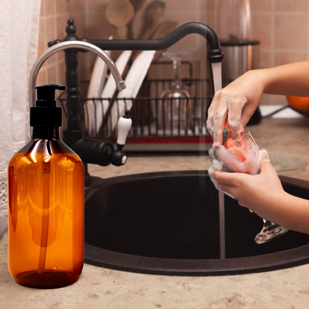 Pump Dispensers 2pack Large, 16 oz, Empty, Amber Plastic Bottles with Black Lotion Pumps Empty Plastic Refillable Lotion Soap Shampoo Bottles Dispenser
