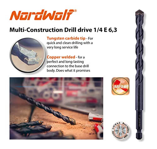 NordWolf 5-Piece Metric Carbide Tipped Multi-Purpose Drill Bit Set with 1/4" Hex Shank for Sheet Metal, Wood, Block, Brick, Tile & Plastic, Sizes 5.5-6.5-7-8-10mm