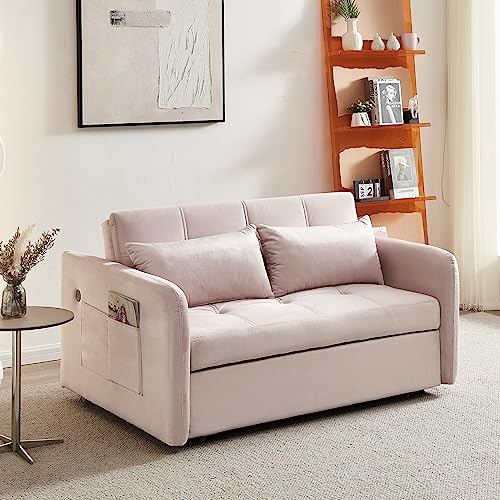 Sofa Couch w/Pull Out Sleeper Bed, 55.5β Pink Velvet Upholstery Convertible Loveseat Twin Sofabed with Two Arm Pockets, 3-angle Adjustable Backrest Sofa, Build-in 2 USB Charger Ports for Living Room