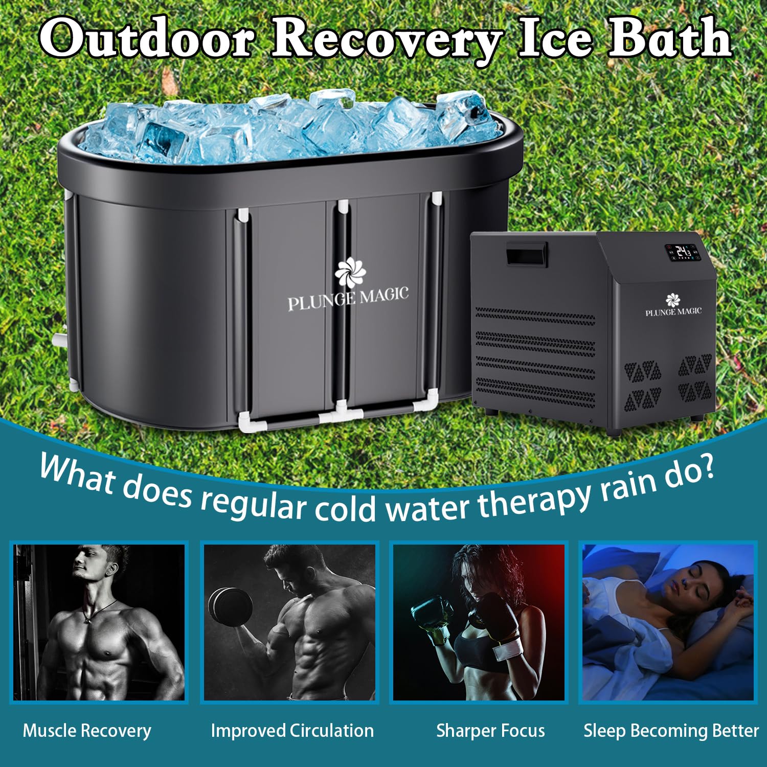 PLUNGE MAGIC Ultimate Cold Plunge Tub XL129 Gal Large Oval Ice Bath Tub With Cover for Athletes Portable, Equipped with 1/3 HP Smart-Chiller(cooling only) | 47" L x 25" W x 24" H (touchscreen)