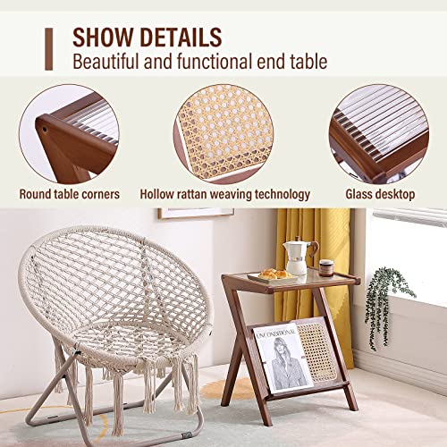 Tiita Rattan Nightstand Side Table, Bamboo Accent Bedside Tables, Glass Coffee Tables, Boho Wooden End Table with Storage for Small Space, Living Room and Bedroom