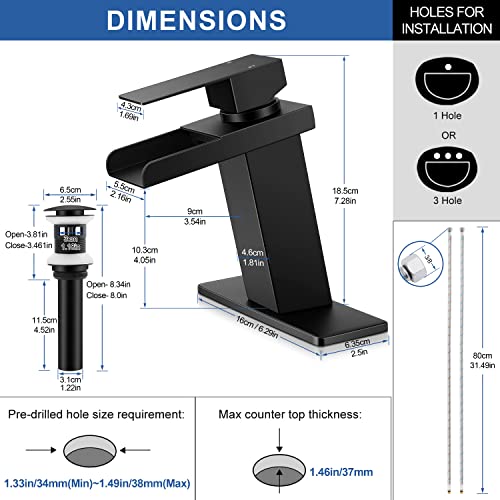 Matte Black Bathroom Faucet, Homikit Waterfall Bathroom Faucets for Sink 1 or 3 Holes, Modern Vanity Faucet with Single Handle Single Hole, Pop Up Drain, Deck Plate, 2 Water Supply Hoses