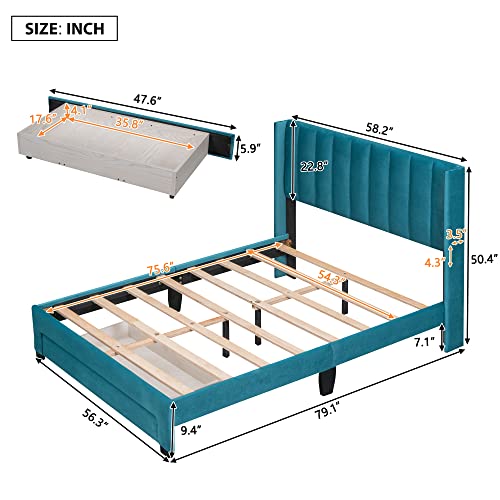 SOFTSEA Full Size Upholstered Bed Frame with Large Drawer Velvet Platform Bed Frame with High Headboard for Bedroom