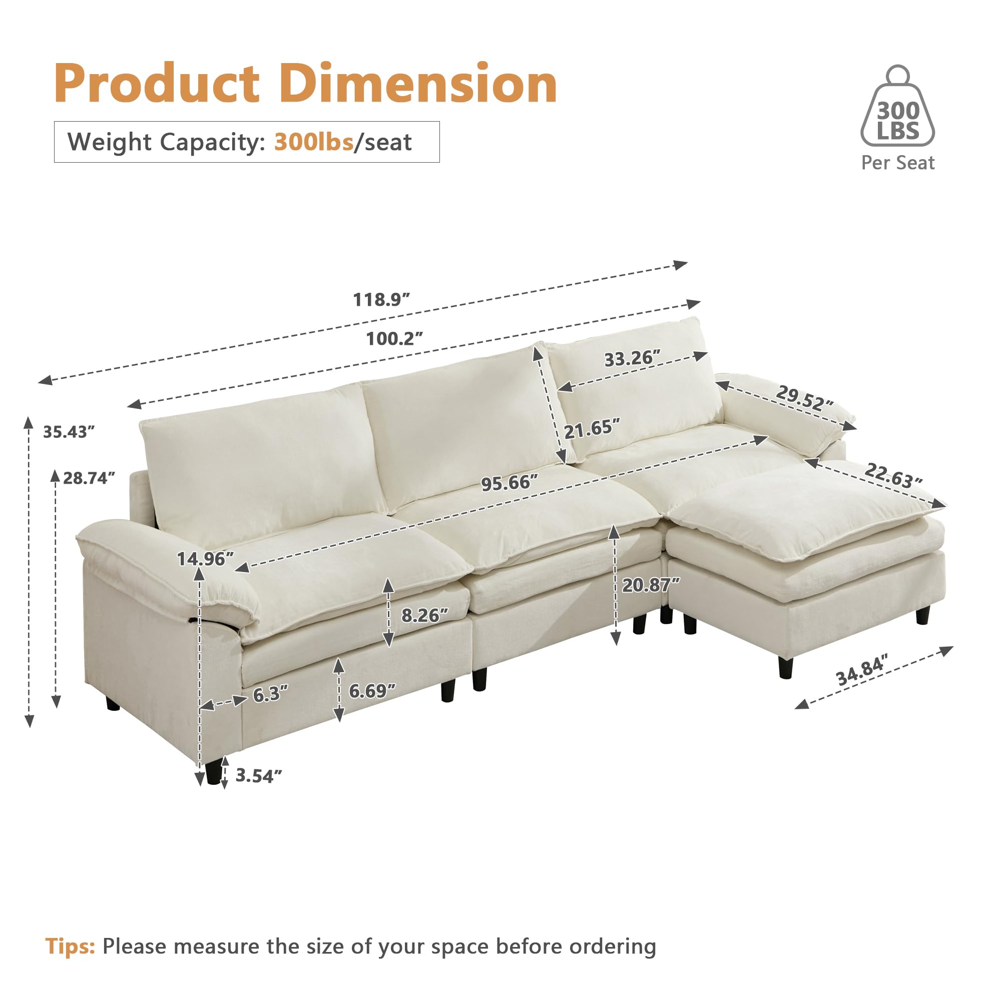 Vliekcy Modular Sectional Sofa, Modern 85 Inch Chenille Loveseat Couch, 2-Seater Comfy Cloud Couches with 2 Movable Ottoman for Living Room Office Apartment, Chenille, Beige