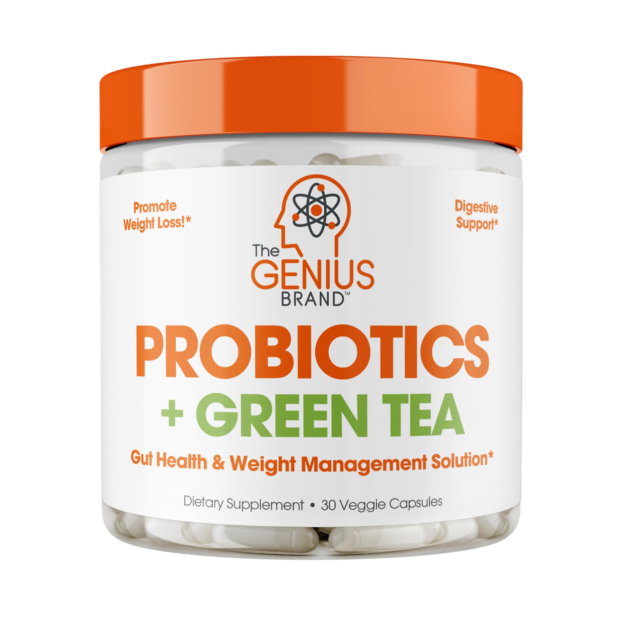 Genius Probiotics for Weight Loss with Green Tea Extract - Fat Burner Supplement & Digestive Health Pills for Bloating Relief for Women & Men - Shelf Stable Probiotic Metabolism Booster - 30 Servings