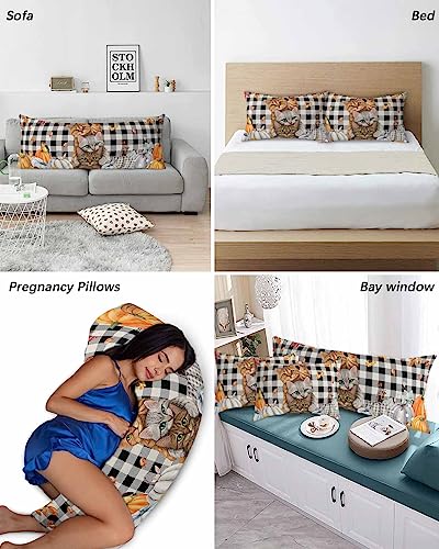 Thanksgiving Pillow Covers Standard Size Set of 2 Bed Pillow, Fall Pumpkin Cats Maple Leaf Black White Plaid Plush Soft Comfort for Hair/ Skin Cooling Pillowcases with Envelop Closure 20''x26''