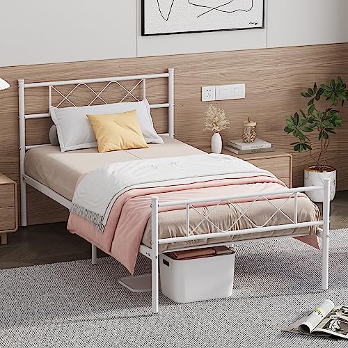 Weehom Twin Bed Frames for Kids Mattress Foundation No Box Spring Needed Large Storage Space Platform Bed Twin White