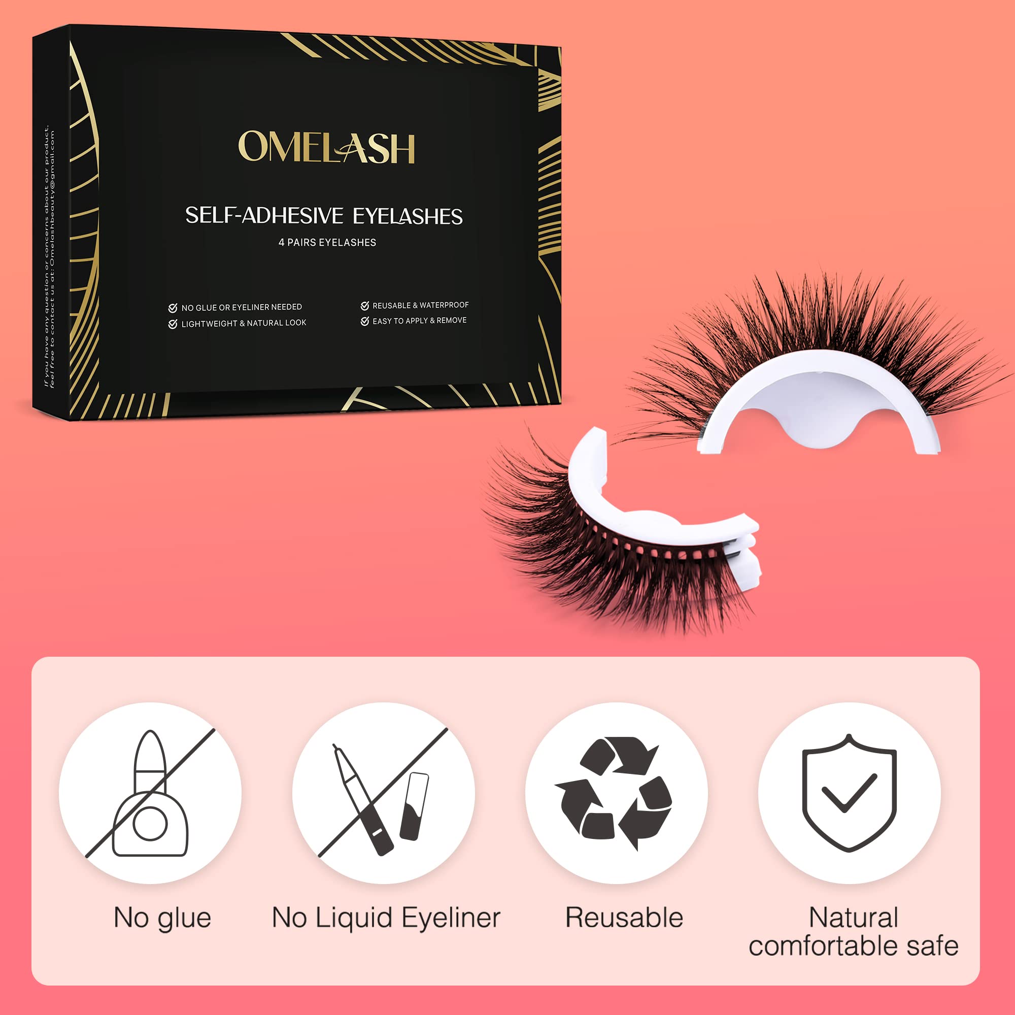 Self Adhesive Eyelashes, Reusable False Eyelashes, Four Styles Waterproof False Eyelashes (4 Pairs)