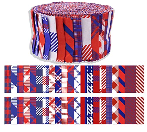 Soimoi 40Pcs Check & Tartan Print Cotton Precut Fabrics for Quilting Craft Strips 2.5x42inches Jelly Roll - Red, Blue & White