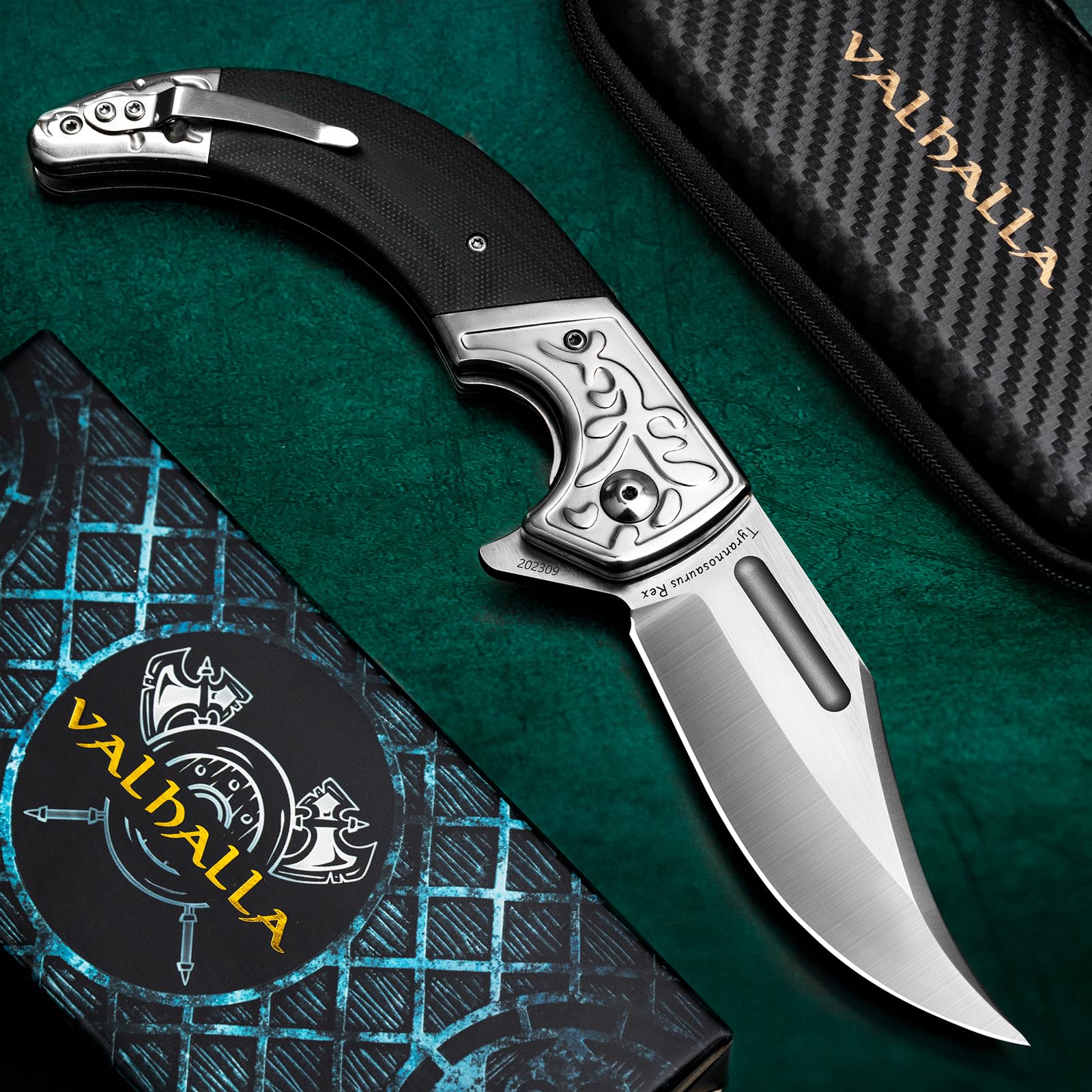 VALHALLA Pocket Knife, 3.7'' D2 Steel Folding Knife, Pocket Knife for Men with G10 Handle, Gifts for Men (TYRANNOSAURUS REX)