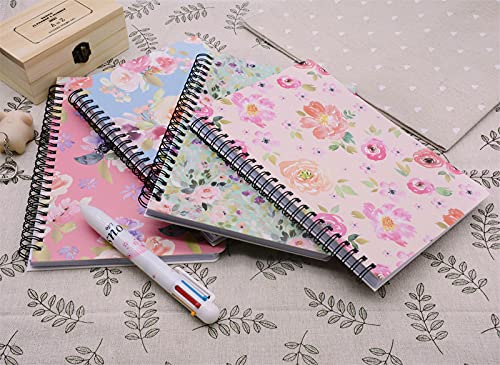 Yansanido Spiral Notebook, 4 Pcs A5 Thick Flower Design Hardcover 8mm Ruled 4 Color 80 Sheets -160 Pages Journals for Study and Notes (flower)