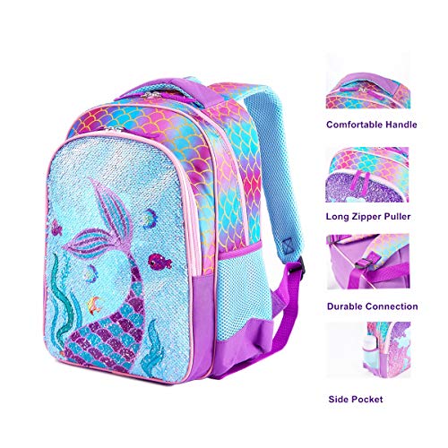 THE Crafts Reversible Sequin School Backpack Lightweight Little Kid Book Bag with Lunch Bag Set for Preschool Kindergarten Elementary (17", Mermaid with Lunch Bag)