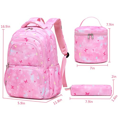 Sunborls Kawaii Backpack Cute Butterfly Exterior Teen Girls School Bookbag with Lunch Pail Pencil Case 3pcs(Pink)