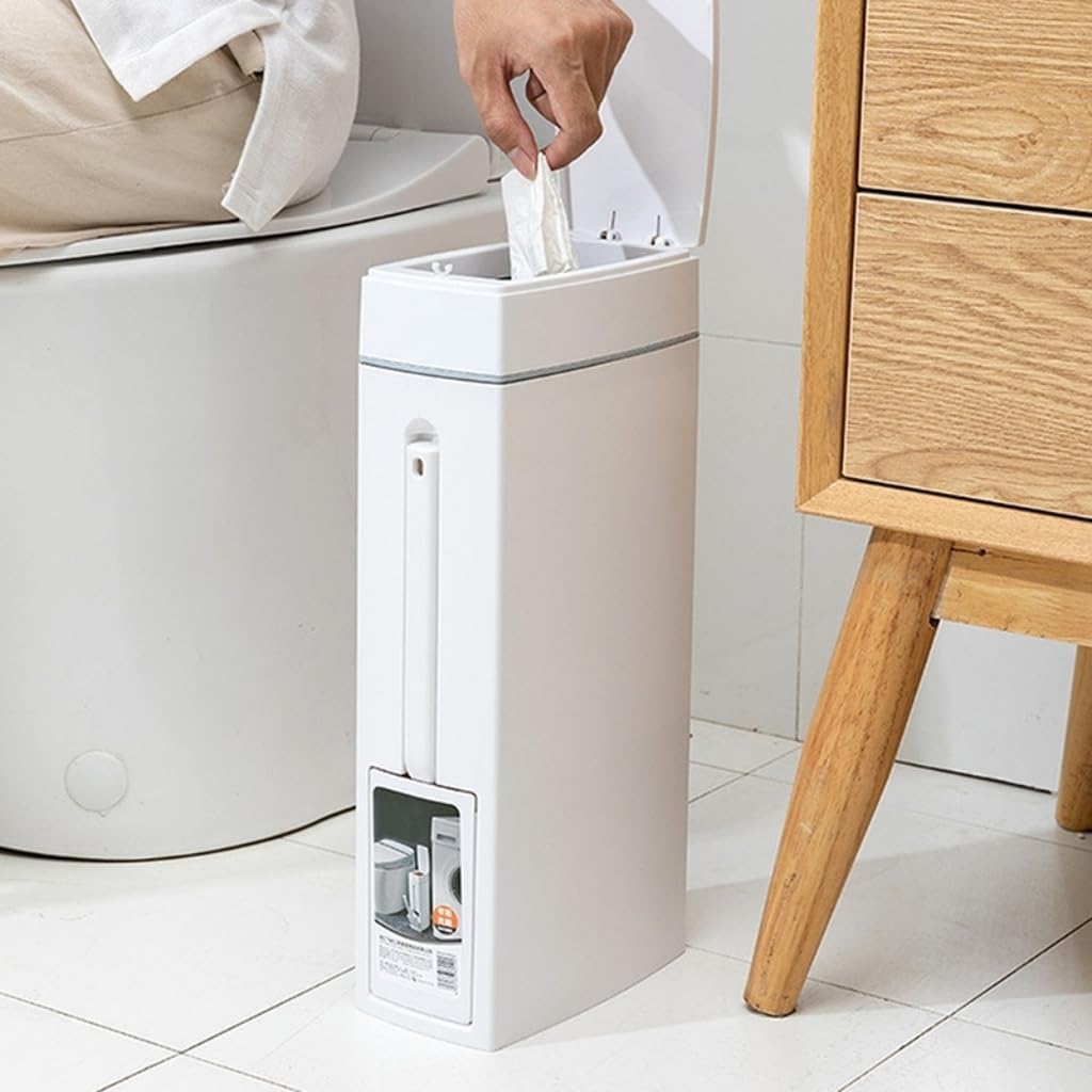 Small Bathroom Trash Can and Toilet Brush Set, 2L Slim Garbage Can with Lids, RV Trash Can, Tall Narrow Bathroom Trashcans, Garbage Trash Bin Waste Basket for Bathroom, Camper, Toilet (White, 2 L)