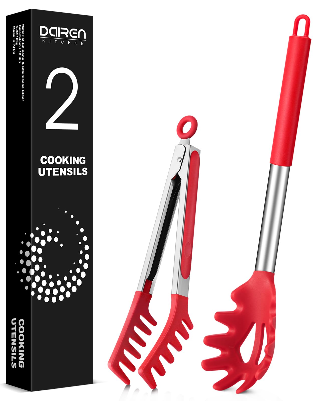Spaghetti Spoon and Pasta Tong, Non-stick Silicone Spoon Server Fork with teeth and Stainless Steel Handle Spaghetti Tong, Food Clip for Spaghetti Noodle, Red