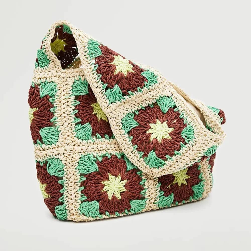 SFMZCM Bag Crochet Shoulder Bag Women Handmade Ethnic Style Woven Large Big Capacity Summer Beach Floral