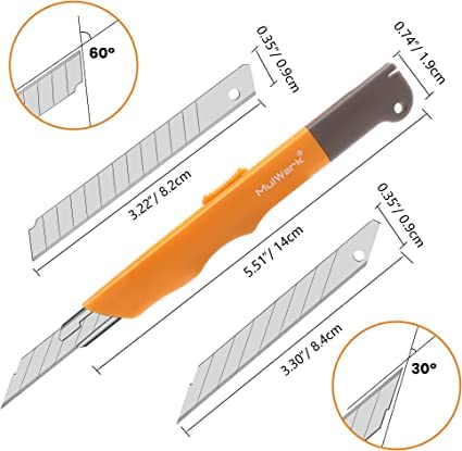 Mulwark 16PC Box Cutter Retractable Utility Knife Set - Heavy Duty Craft Knife with 10PC Sharp Snap-off 9MM 30 Degree Blades, 5PC 60 Degree Blade for Precision Cutting