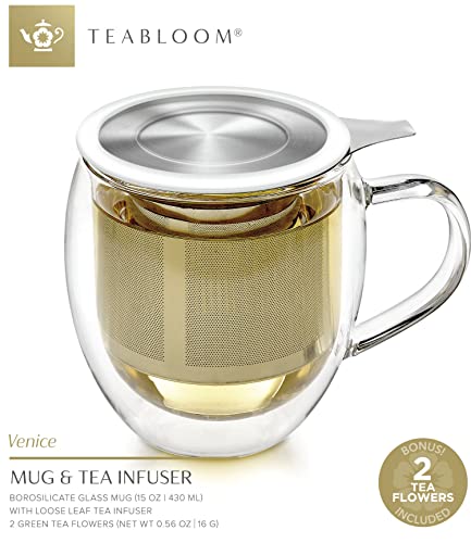 Teabloom Double-Wall Heatproof Glass Mug with Stainless Steel Infuser and White Lid β 15 OZ / 430 ML β 2 Blooming Teas Included