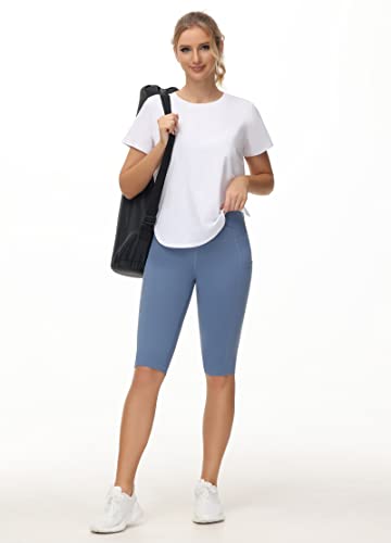 THE GYM PEOPLE Women's Workout T-Shirts Loose Fit Short Sleeve Cotton Running Basic Tee Tops with Split Hem White