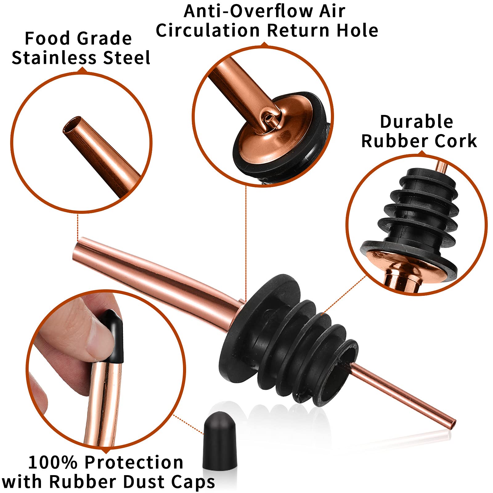Liquor Bottle Pourers - Stainless Steel Classic Bottle Pourers with clean bursh, Rustproof Metal Alcohol Pouring Tubes For Bars, Clubs, Restaurants & Home Use (Copper) (24 pack)