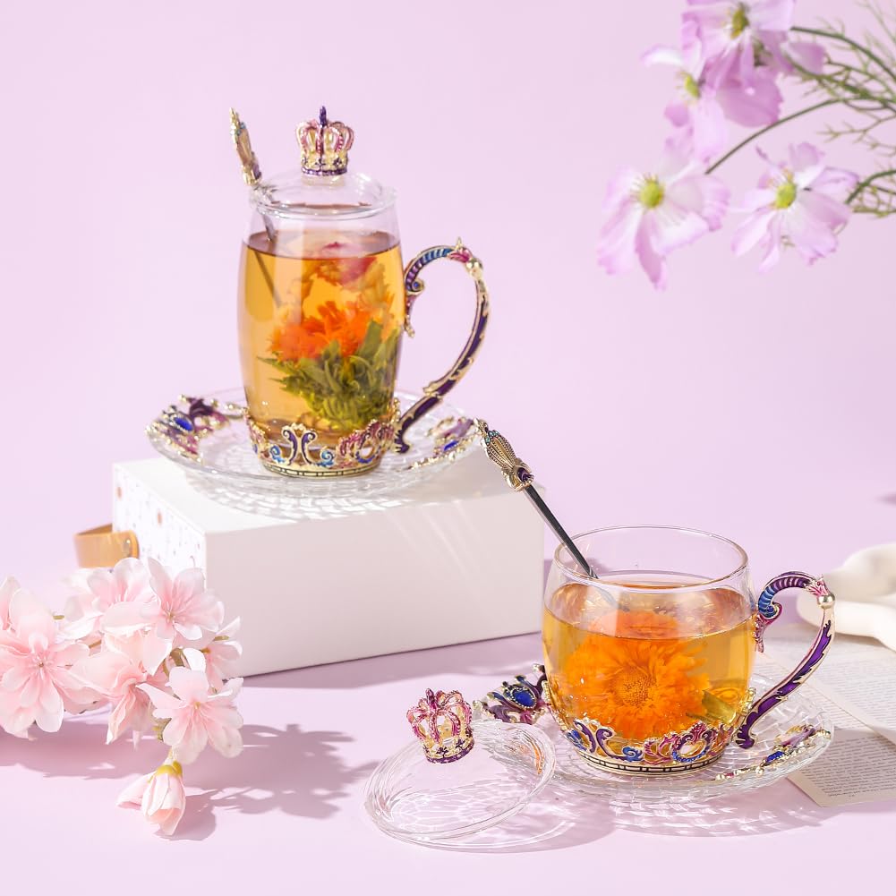 LANTREE Glass Tea Cup with Lid Crown Coffee Mug with Spoon Fancy Tea Cup Antique Gifts for Women Mother's Day Birthday Valentines Day Gift(11oz Crown)