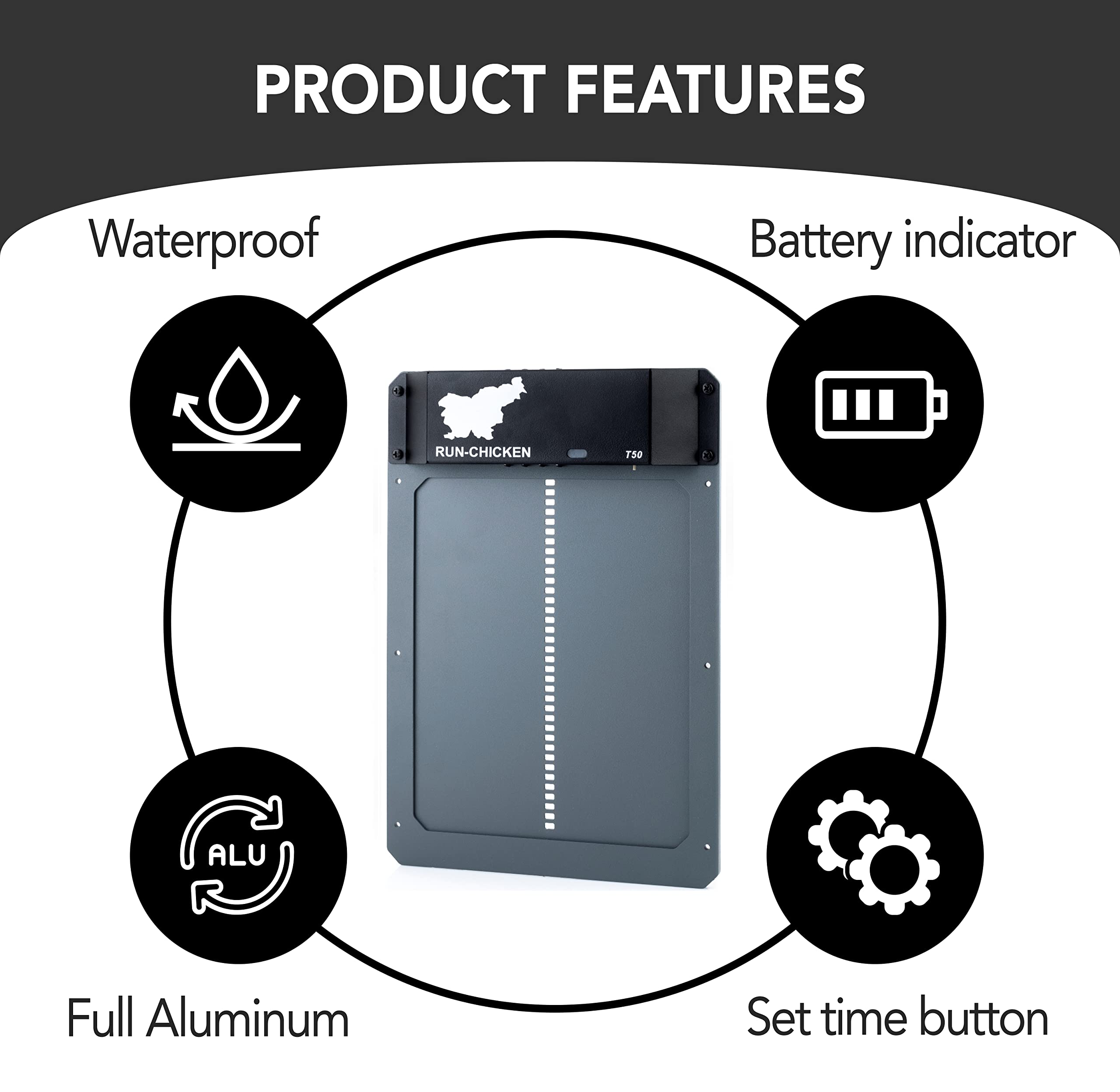 RUN-CHICKEN Door (Gray) Automatic Chicken Coop Door, Programmable with App, Battery Operated, Evening and Morning Delay, Aluminum Door, Electric Chicken Run Door, Model T50