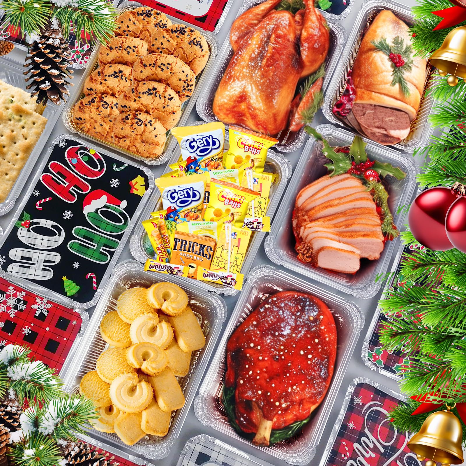 Tunpug 40 Pieces Christmas Foil Containers with Lids,9 Holiday Designs,7"x5"x2" Rectangular Treat Foil Containers,Disposable Cookie Tins Storage Pans for Winter Holiday Gift Giving Party Supplies