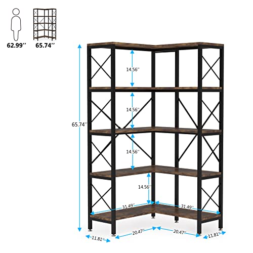 Tribesigns 5-Shelf Corner Bookshelf, Large Modern Corner Bookcase, 5-Tier Tall Corner Shelf Storage Display Rack with Metal Frame for Living Room Home Office (Rustic Brown)
