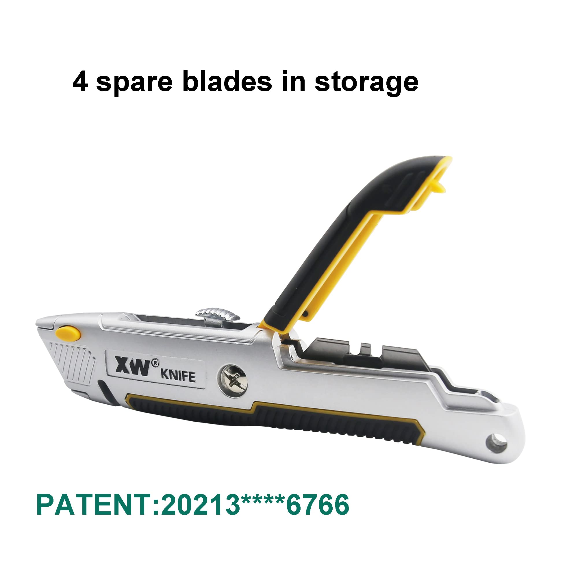 XW Retractable Utility Knife, Heavy Duty Zinc Alloy Box Cutter with 4 Spare Blades