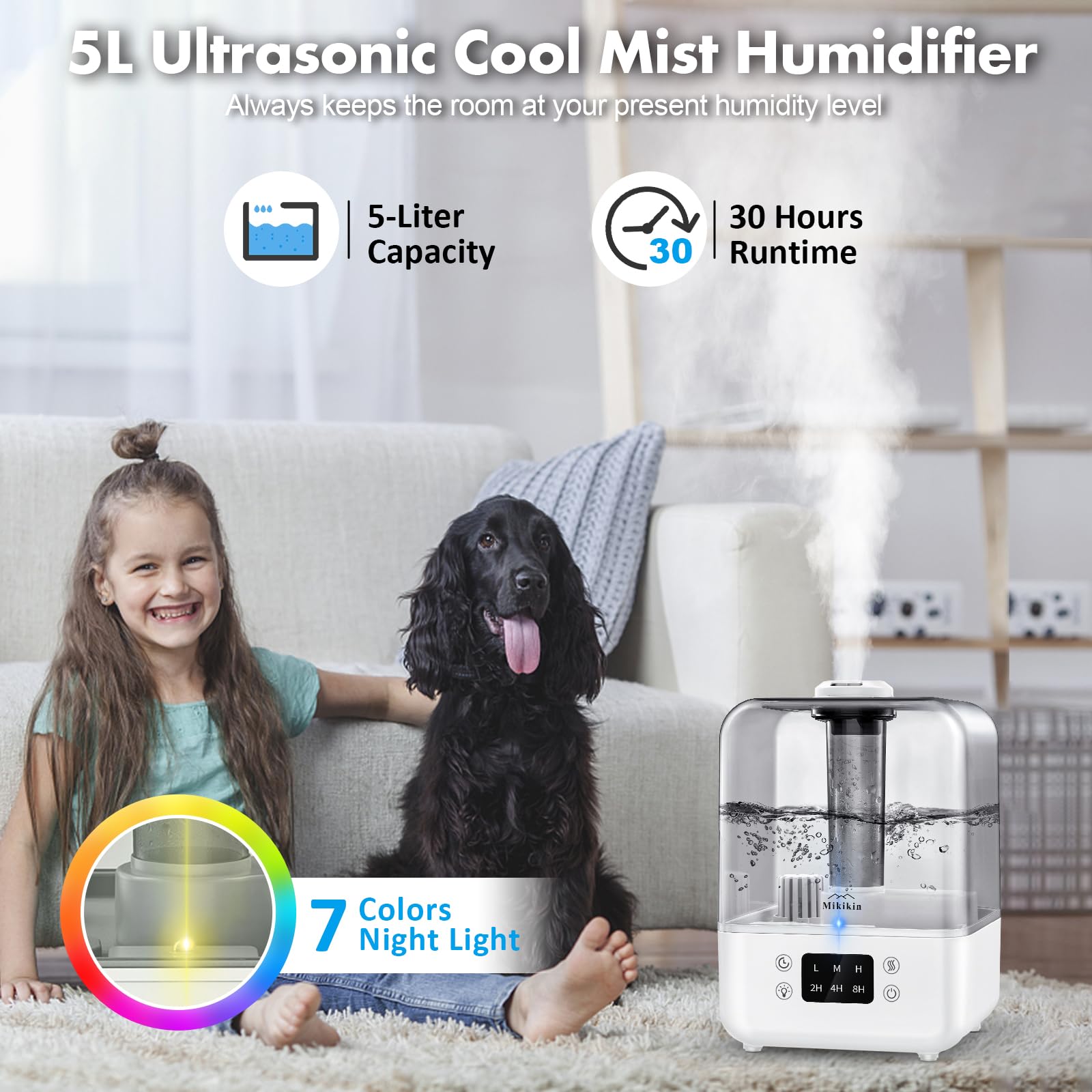 Humidifiers for Bedroom, Cool Mist Humidifiers for Large Room Home Baby, 5L Top Fill Ultrasonic Air Humidifier Quiet for Plants with Remote Control, Essential Oil Diffuser, Rotatable Nozzle - White