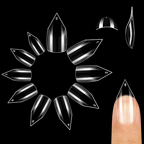 NOVO OVO 500 pcs Short Stiletto Full Cover French Manicure Nail Tips, Extra Sharp Arrow Head Mountain Peak Edge Pointy Eagle Cat Claw Fishbone Clear False Fake Nails Extension for Acrylic 10 Sizes