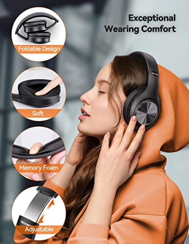 TECKNET Headphones Wireless Bluetooth, 65H Playtime and 3 EQ Modes Over Ear Headphones with Microphone, Memory Foam Ear Cups, Hi-Res Audio, Deep Bass for Home Traver Work PC/Callphones