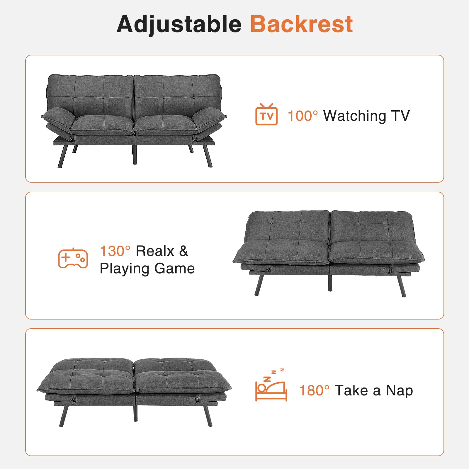 Sweetcrispy Sofa Couch, Futon Sofa Bed, Loveseat Sleeper Futon for Living Room, Foldable Memory Foam Furniture, Convertible Full Size Sofa, Adjustable Backrest and Armrests, Linen, Dark Grey