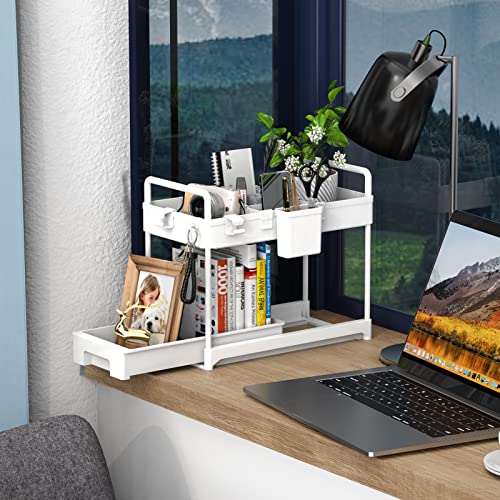 SOLEJAZZ 2-Tier Under Sink Organizer, Under Bathroom Sink Cabinet Sliding Under Sink Storage Organization, Multi-purpose Kitchen Shelf with Hooks, Hanging Cup, White