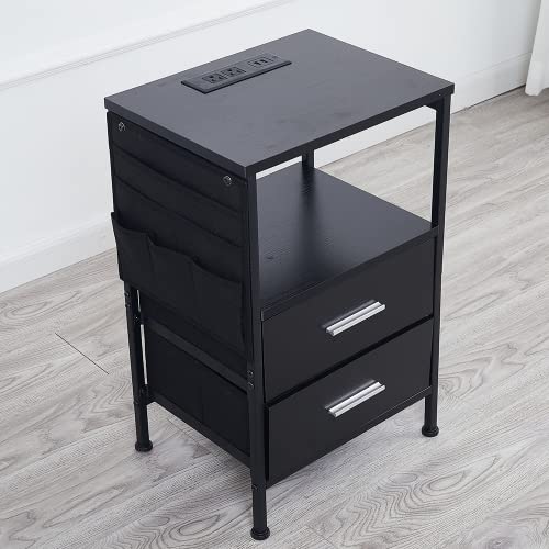 Vabches End Table with Charging Station, Nightstand with USB Port, Outlet and Fabric Bag, 2 Drawers & Open Storage Shelf Side Table, Sofa Cabinet for Living Room, Bedroom, Office