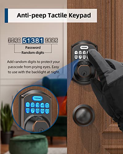 TEEHO TE002K Fingerprint Door Lock Set - Keyless Entry Door Lock with Handle - Door Knob with Keypad Deadbolt - Smart Locks for Front Door - Auto Lock - No Need App - Easy Installation - Bronze