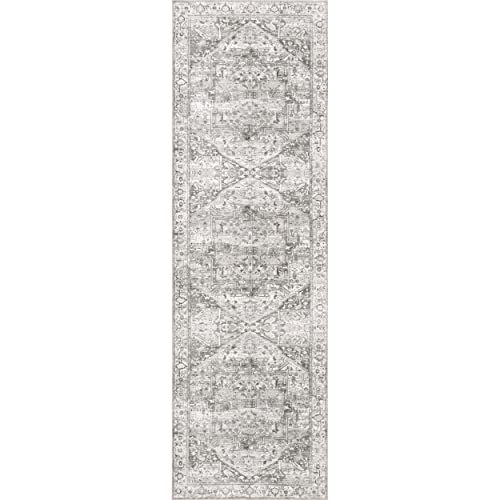 nuLOOM Brielle Machine Washable Vintage Medallion Runner Rug, 2' 6" x 12', Grey, Rectangular, 0.1" Thick