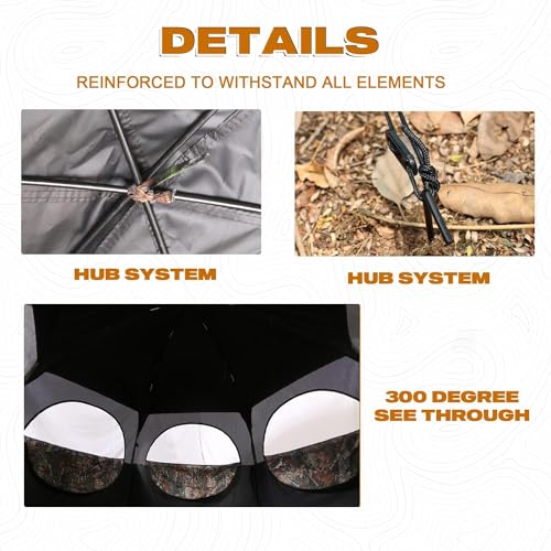 HUNT MONSTER Hunting Blind 1-3 Person,300 Degree See Through Pop up Ground Blinds for Deer Turkey Duck Hunting, Bow Hunting Accessories, Double Side Zipper Window (Camo-Light Brown)