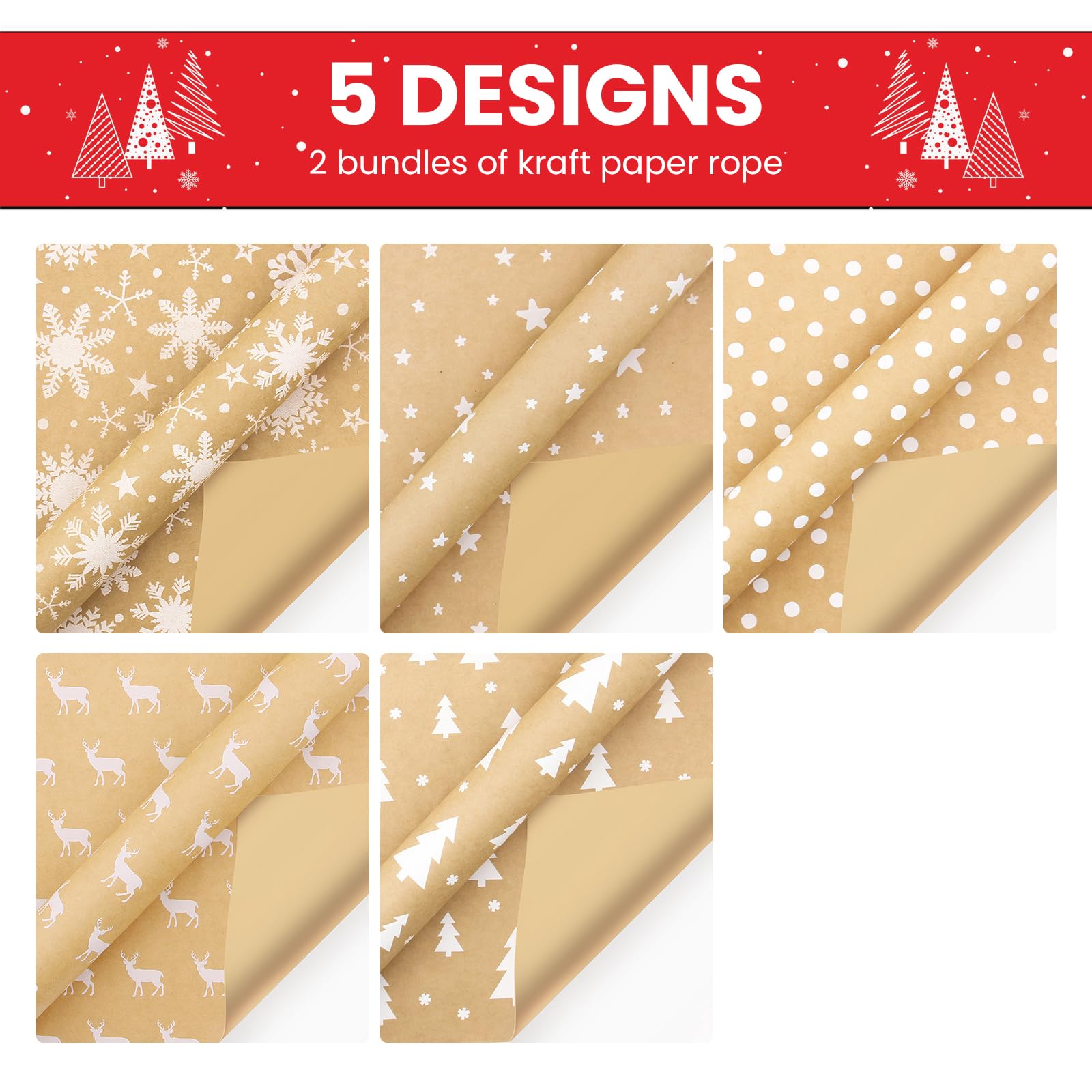 STEZHOU Wrapping Paper Set,5 Sheets Kraft Brown Recycled Gift Wrapping Paper,16.75 x 39.75 inches per sheet,Birthday,Wedding,Valentine's Day, Christmas,Baby Showe,Winter Solstice